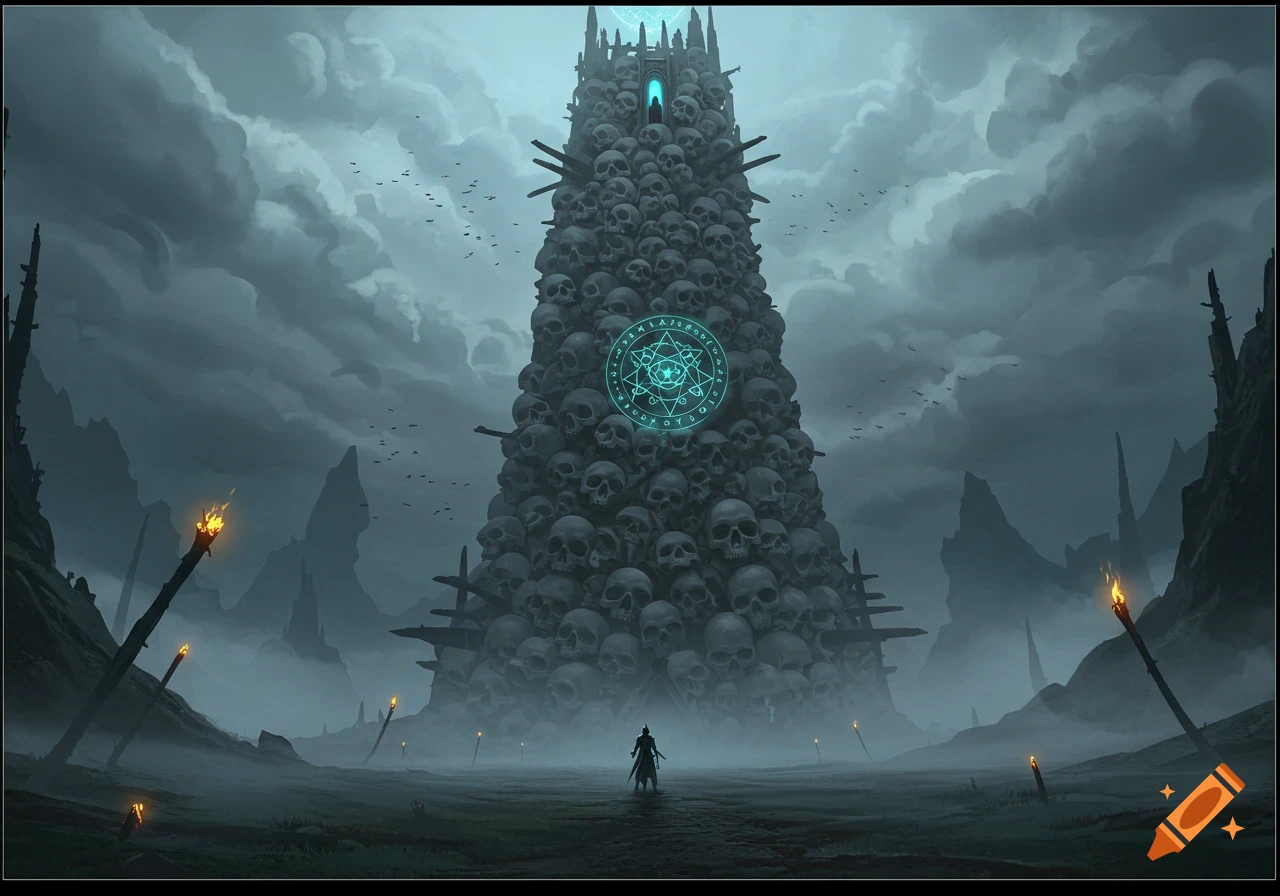 Dark fantasy illustration of a skull tower looming over a figure in a ...