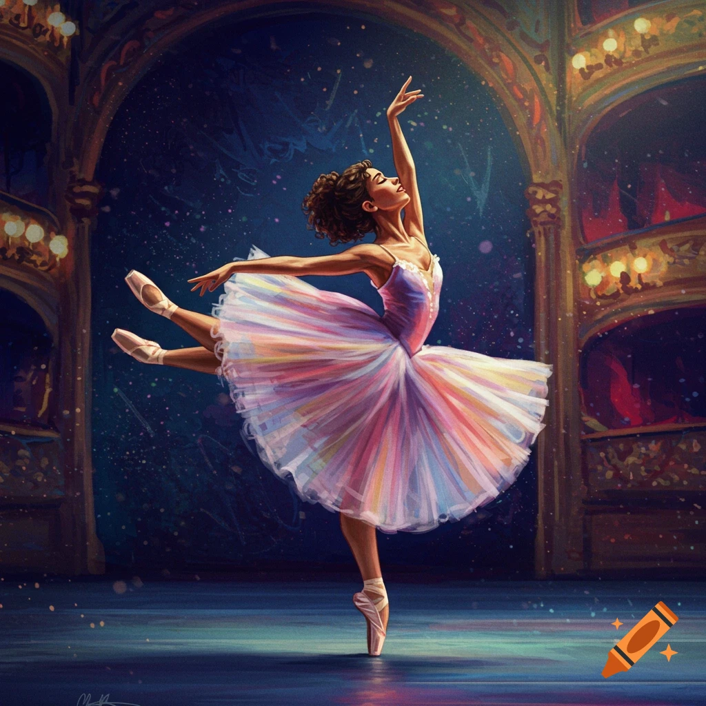A painterly illustration of a ballerina in a colorful tutu dancing on a ...