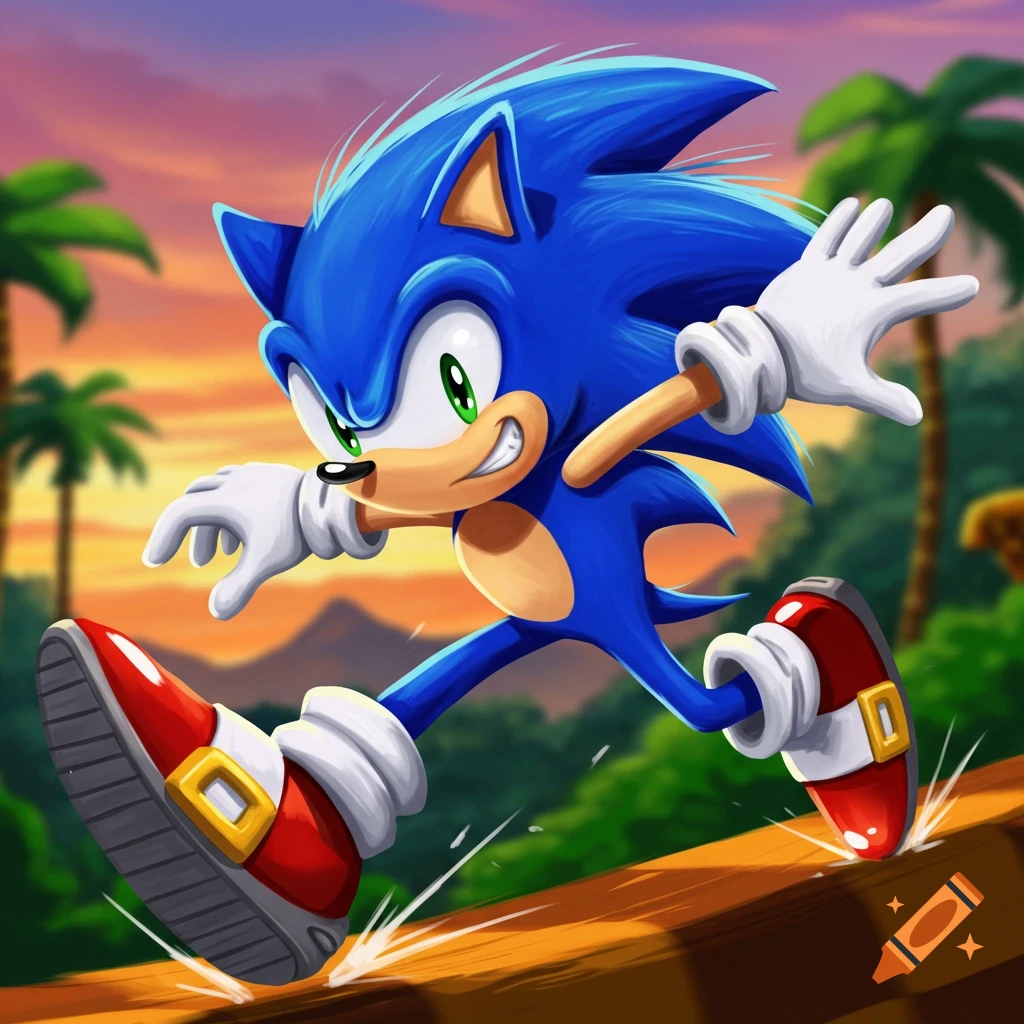 Sonic the Hedgehog runs dynamically through a jungle at sunset in a ...