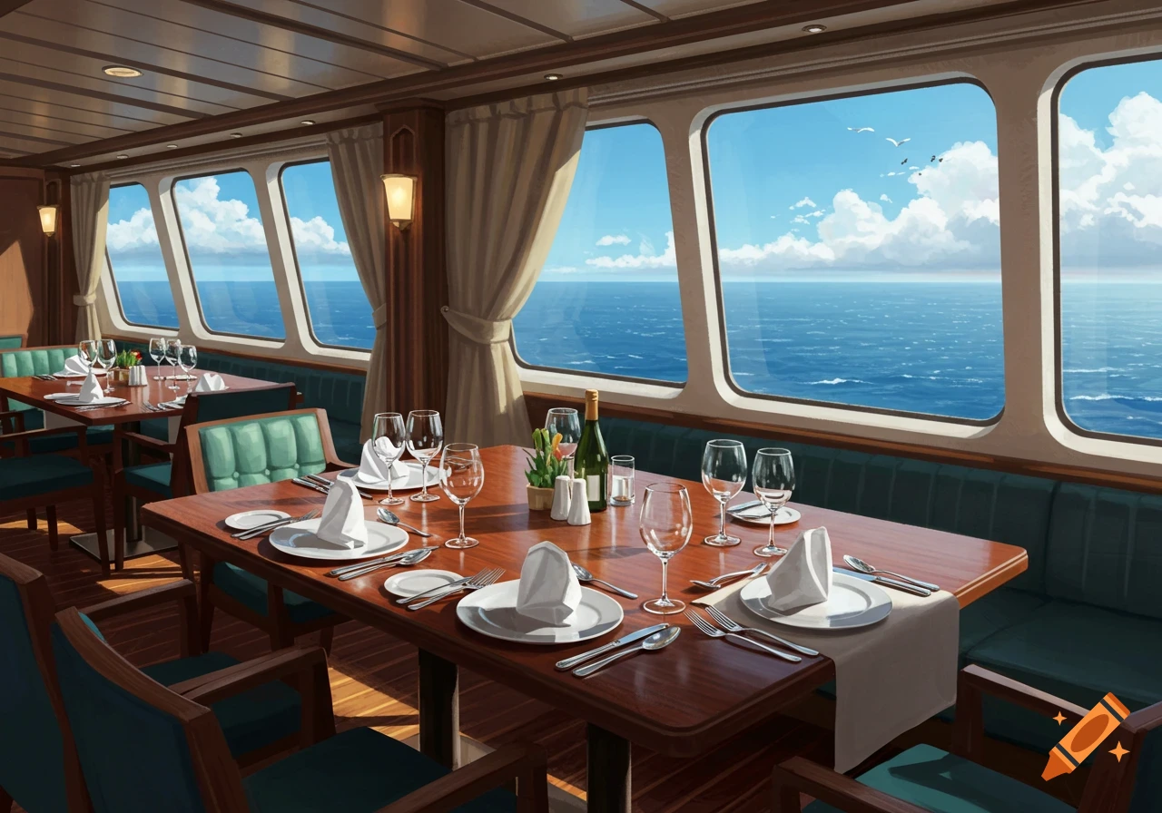 Dining room on a ship with tables set and an ocean view through large ...