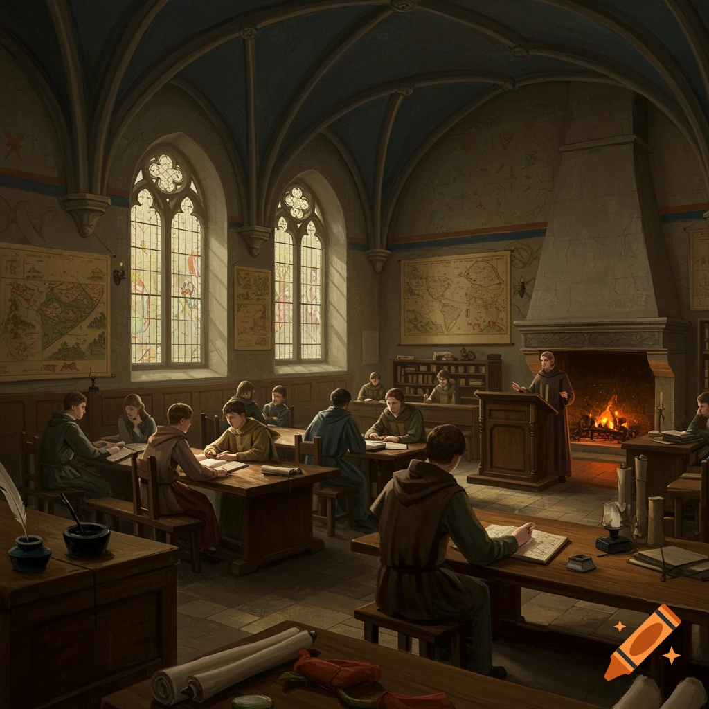 Medieval school classroom with students, teacher, maps, and large ...
