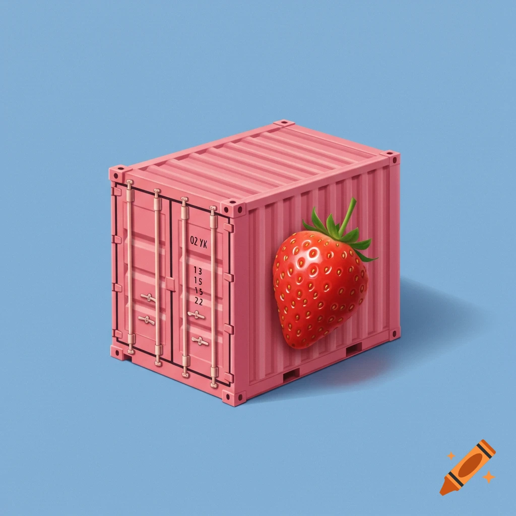 Pink shipping container with a large strawberry on the side on Craiyon
