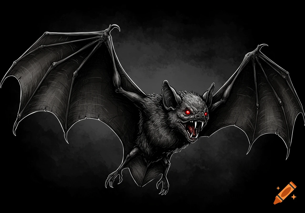 A stylized dark illustration of a bat with red eyes, bared fangs, and ...