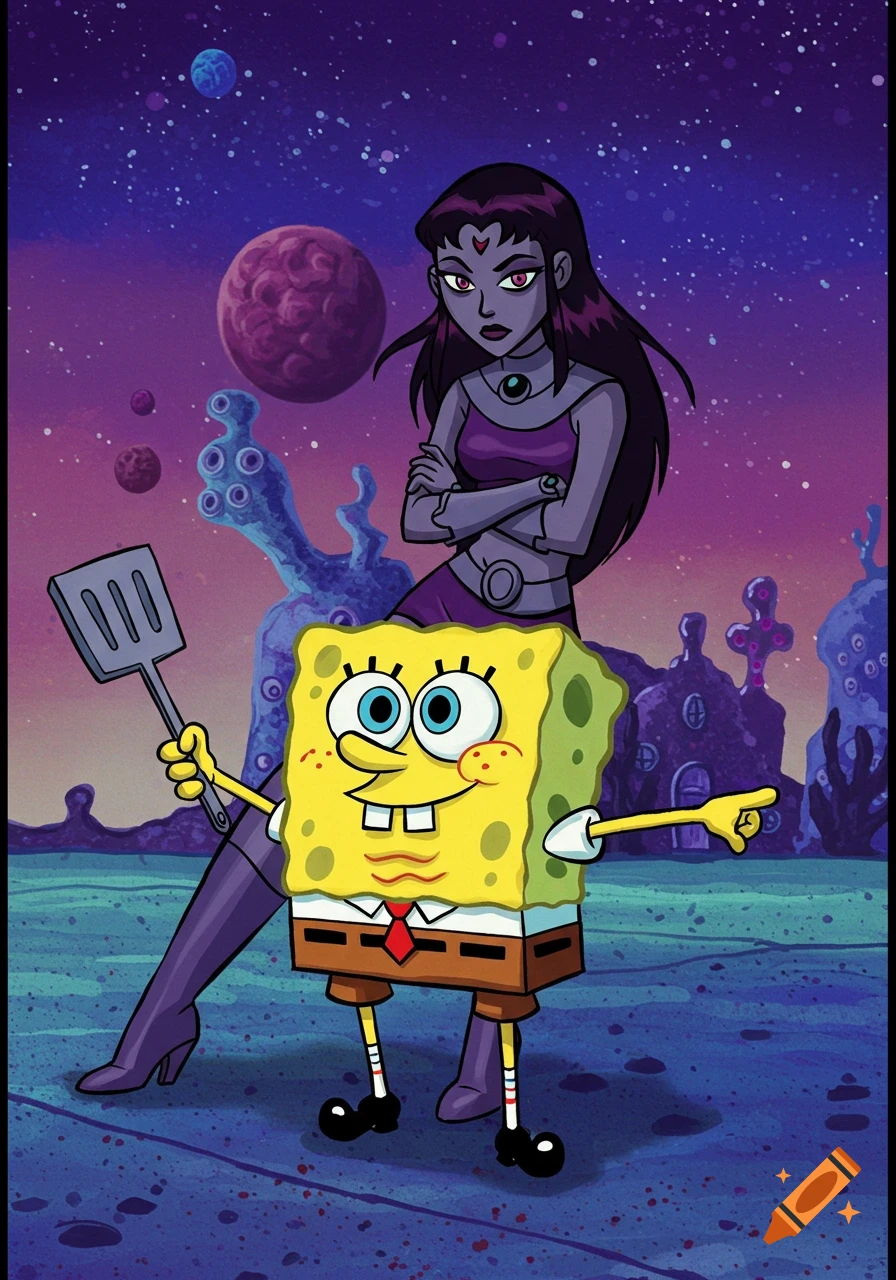 Spongebob holding a spatula stands before Blackfire in a space cartoon ...