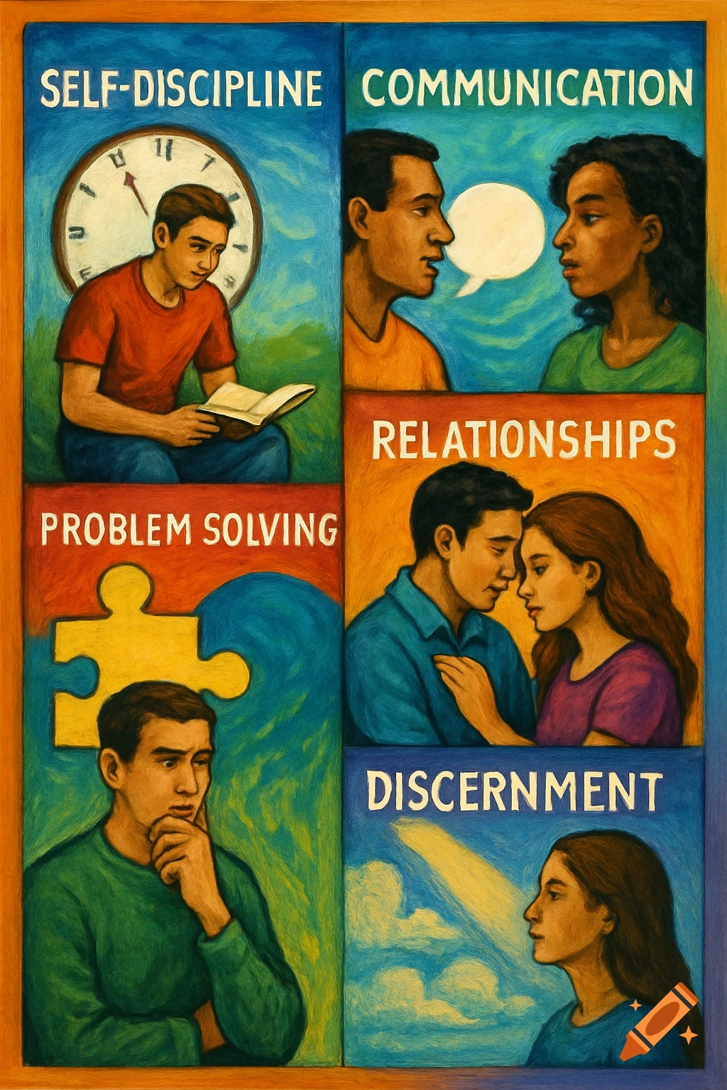 Multi-panel illustration depicting concepts: self-discipline (reading ...