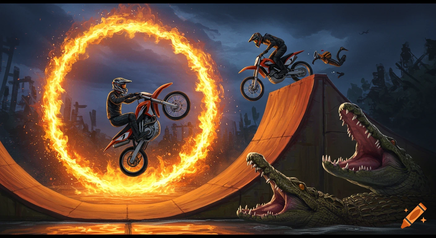 Motorcycle stunt riders jump through a fire ring and over large ...