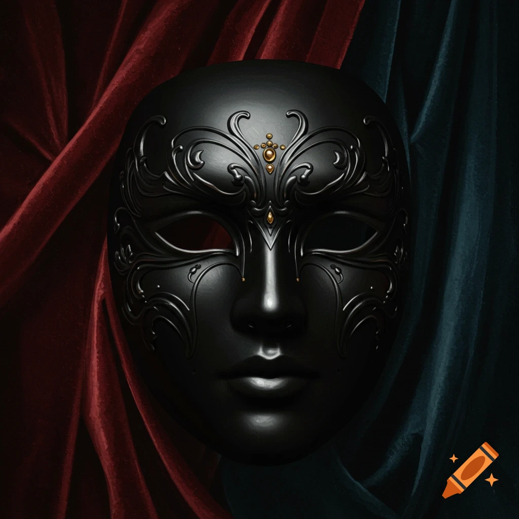 Ornate black mask against red and blue draped fabric. on Craiyon