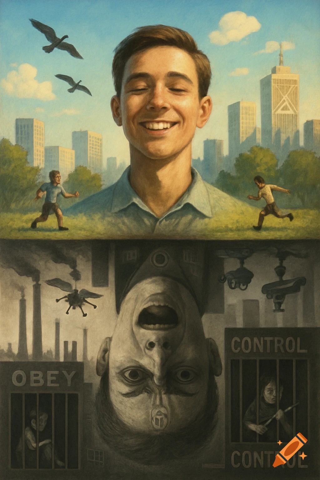 Surreal image split: top shows smiling face, park, city skyline, birds ...