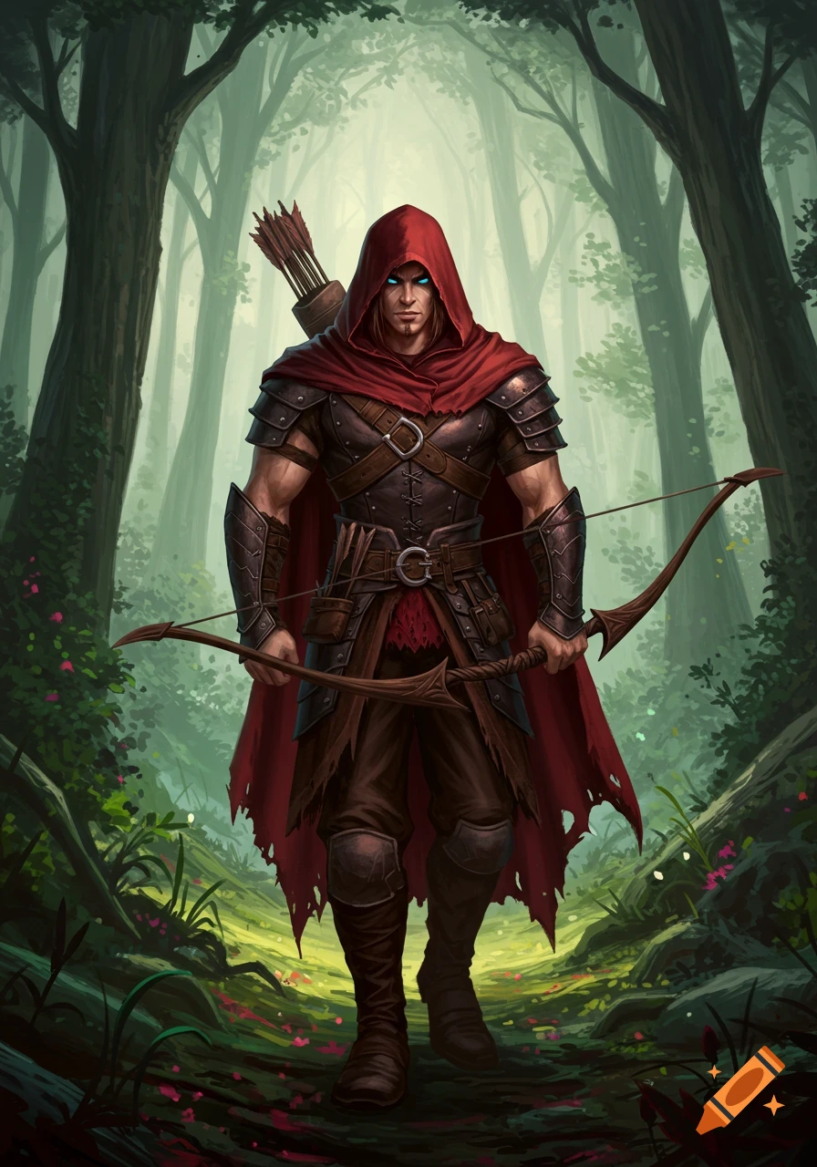 A fantasy warrior huntsman in a red hood stands in a forest holding a ...
