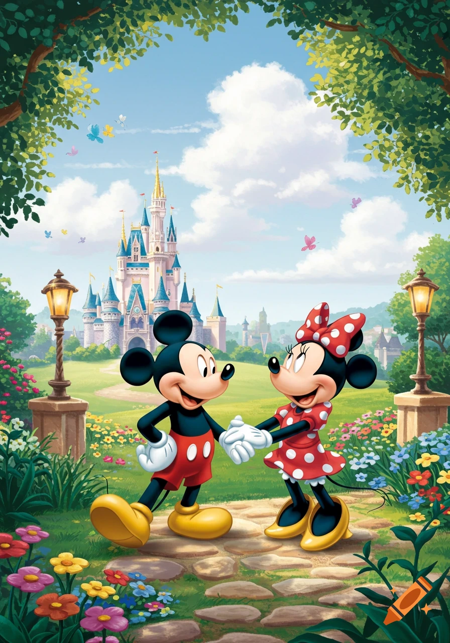Mickey and Minnie Mouse hold hands in a whimsical garden with a castle ...