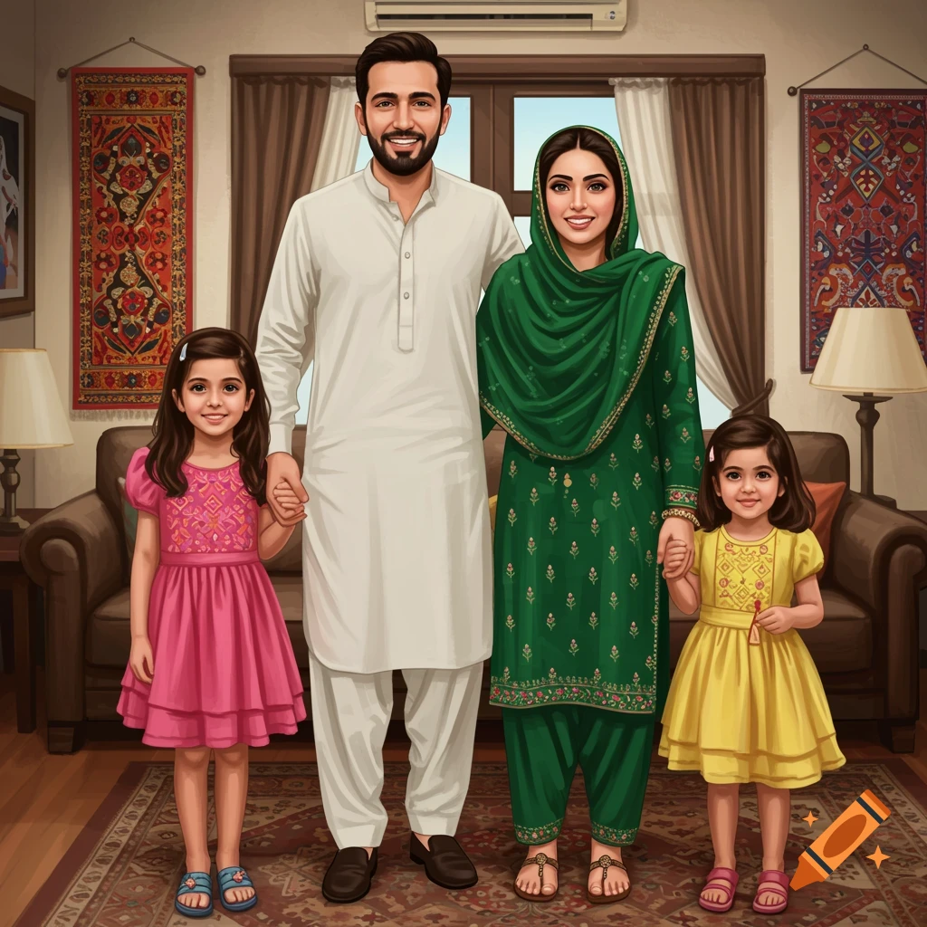 An illustration of a Pakistani family in traditional clothing standing ...