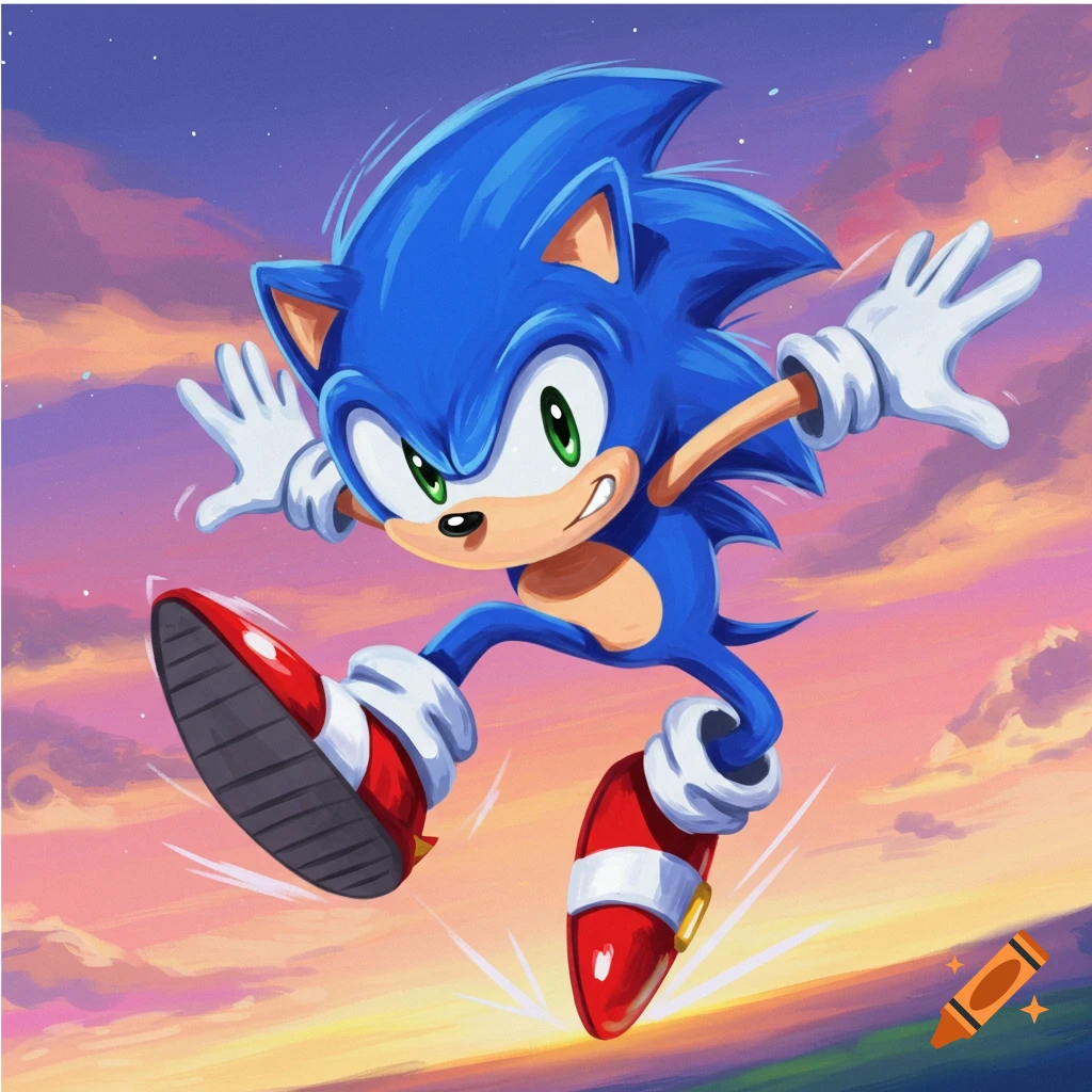 Sonic the Hedgehog jumps against a vibrant sunset sky. on Craiyon