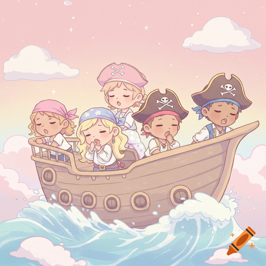 Five sleepy chibi pirates in a boat sailing on pastel waves under a ...
