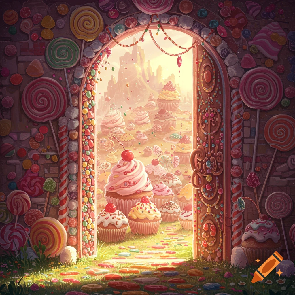 A whimsical door made of candy opens to a magical land filled with ...
