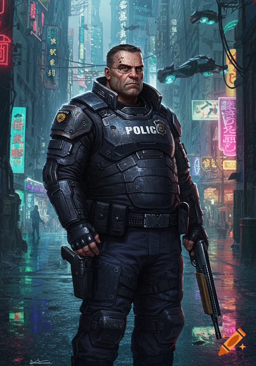 Cyberpunk police officer in futuristic armor stands in a rainy city ...