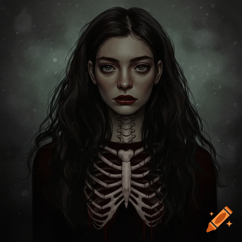 Portrait of a woman with visible rib cage and spine in a dark, gothic ...