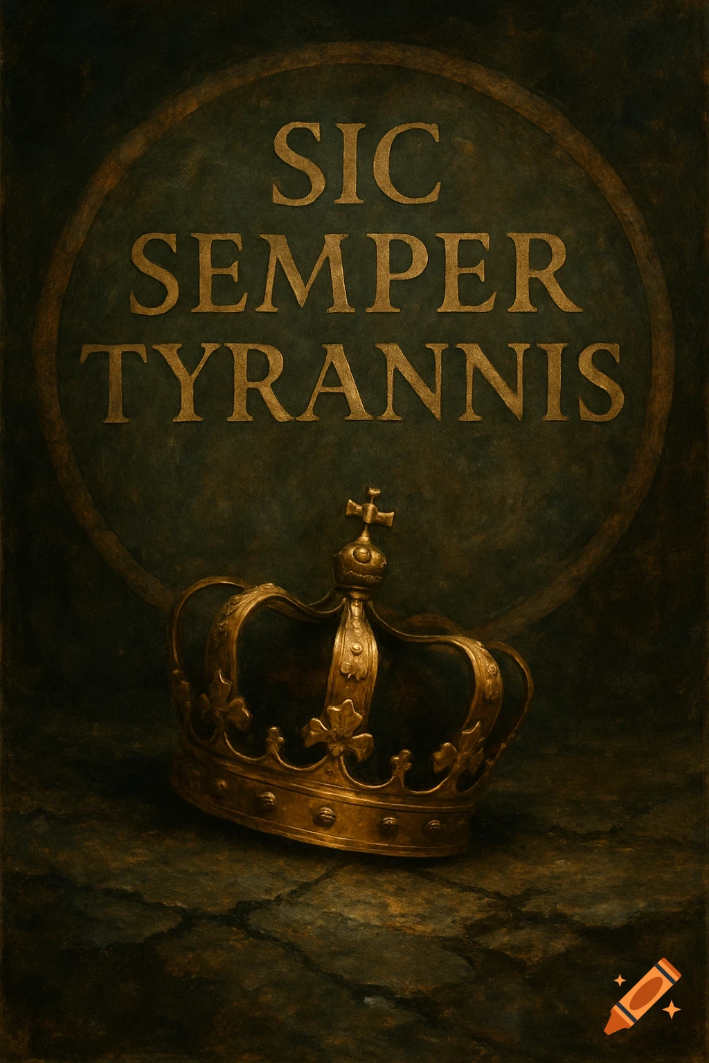 A golden crown lies on a stone surface below a circle emblem with the Latin phrase 'Sic semper ...