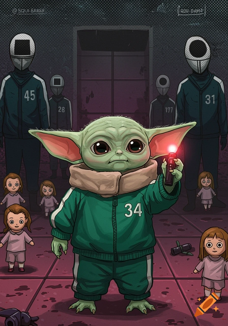 Cartoon illustration of Baby Yoda wearing a green Squid Game tracksuit ...