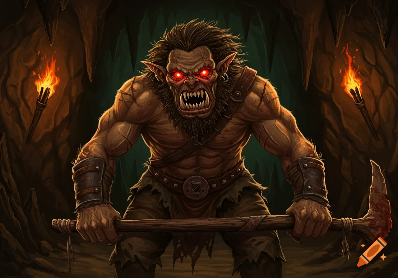 A monstrous, orc-like creature with red eyes holds a bloody pickaxe in ...