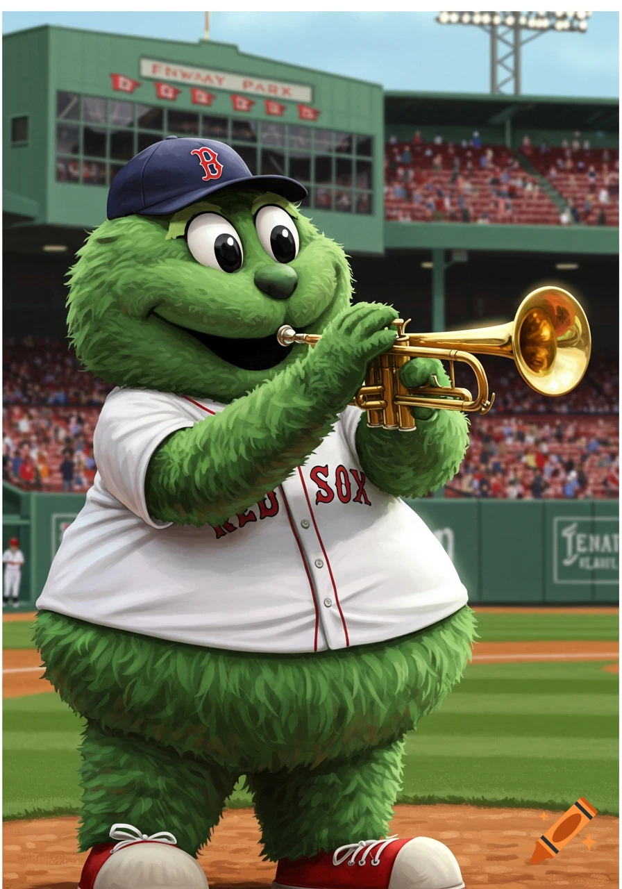 Wally the Green Monster, the Boston Red Sox mascot, playing a trumpet ...