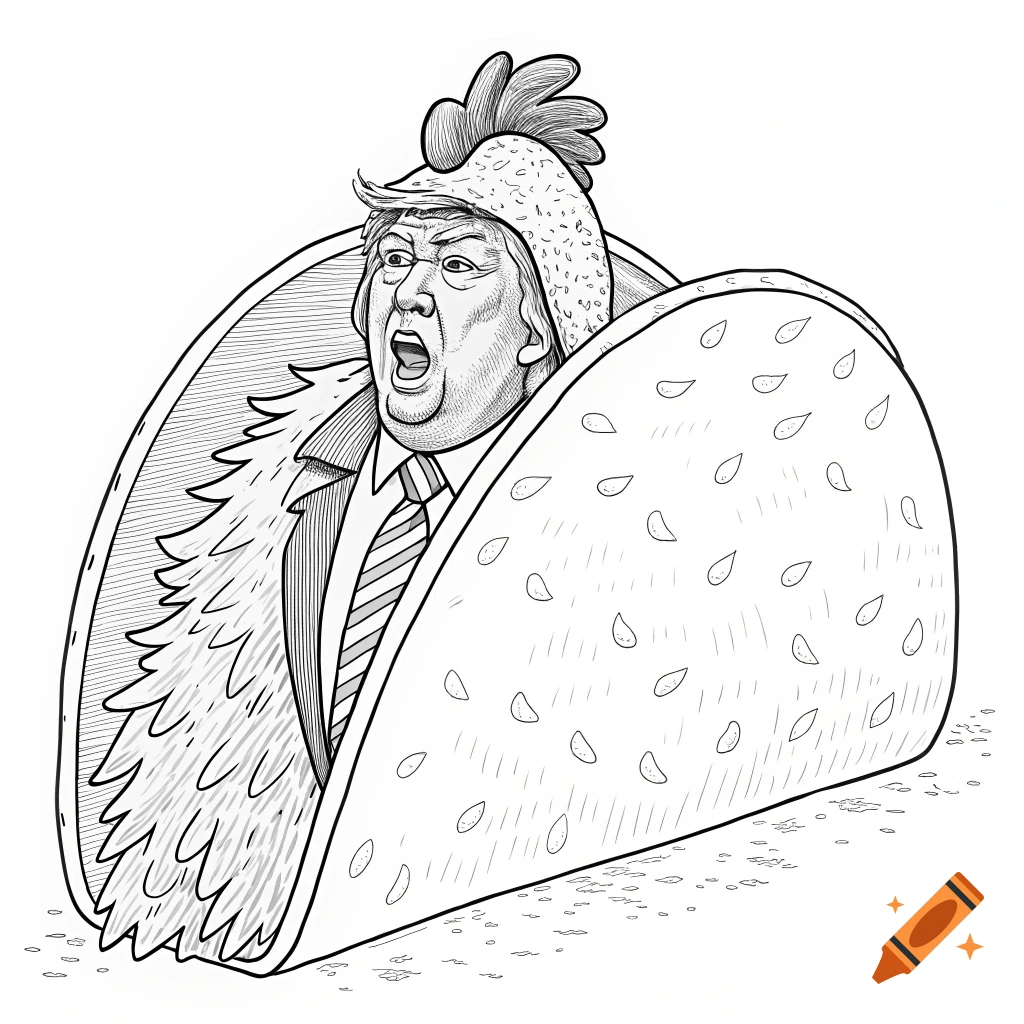 Black and white line drawing of Donald Trump in a chicken suit inside a ...