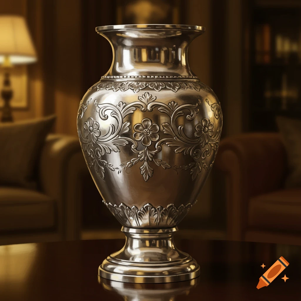A detailed silver vase with floral patterns sits on a dark table in a ...
