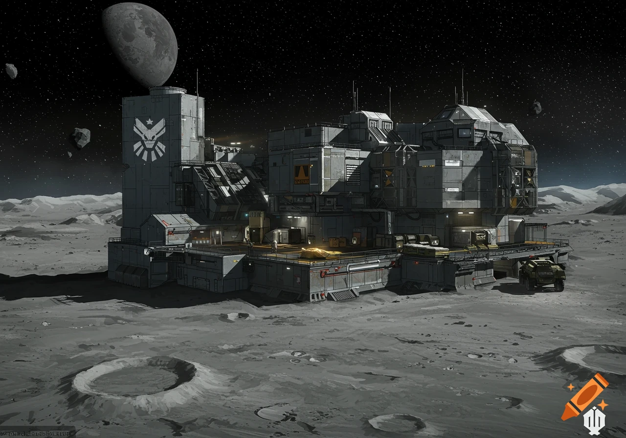 A detailed sci-fi military base on a moon landscape under a starry sky ...