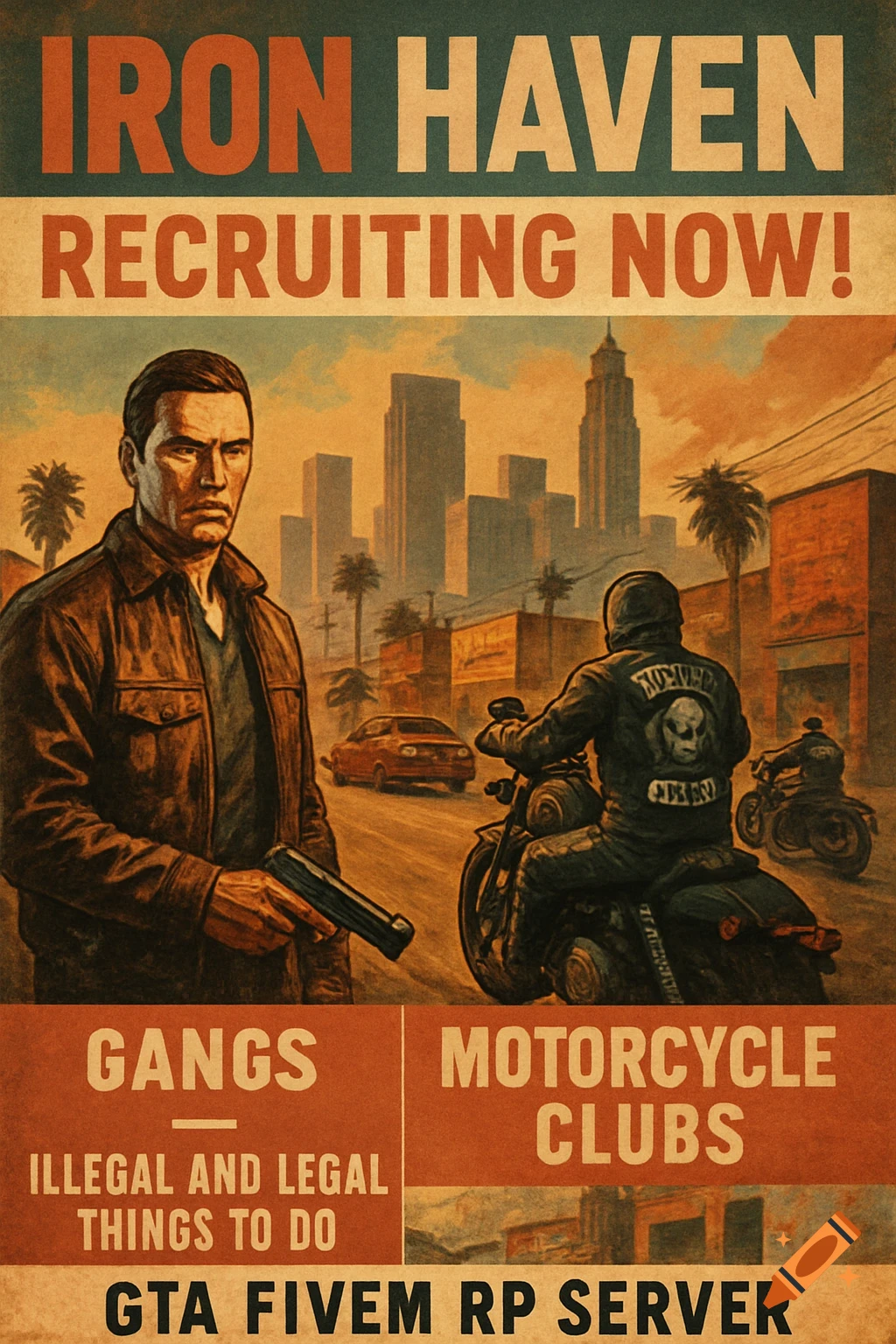 Vintage style poster for Iron Haven GTA FiveM RP server, showing a man ...