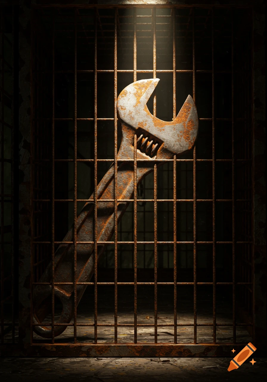 A rusty wrench is held inside a dark metal cage, dramatically lit. on ...