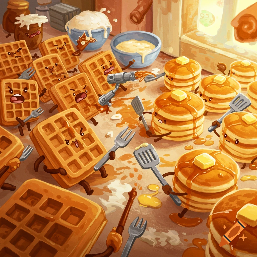 Cartoon waffles and pancakes battle with forks and spatulas, covered in ...