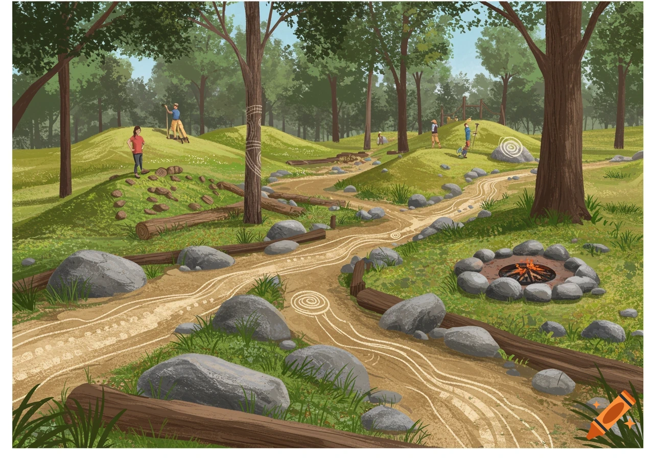 Illustration of children playing in a nature park with hills, trees ...