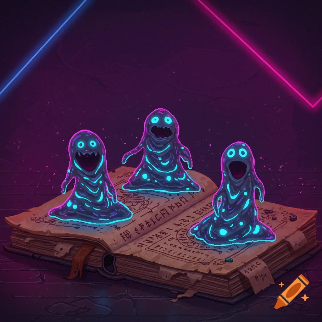 Three pixel art slime monsters sit on an open book in a dark room with ...