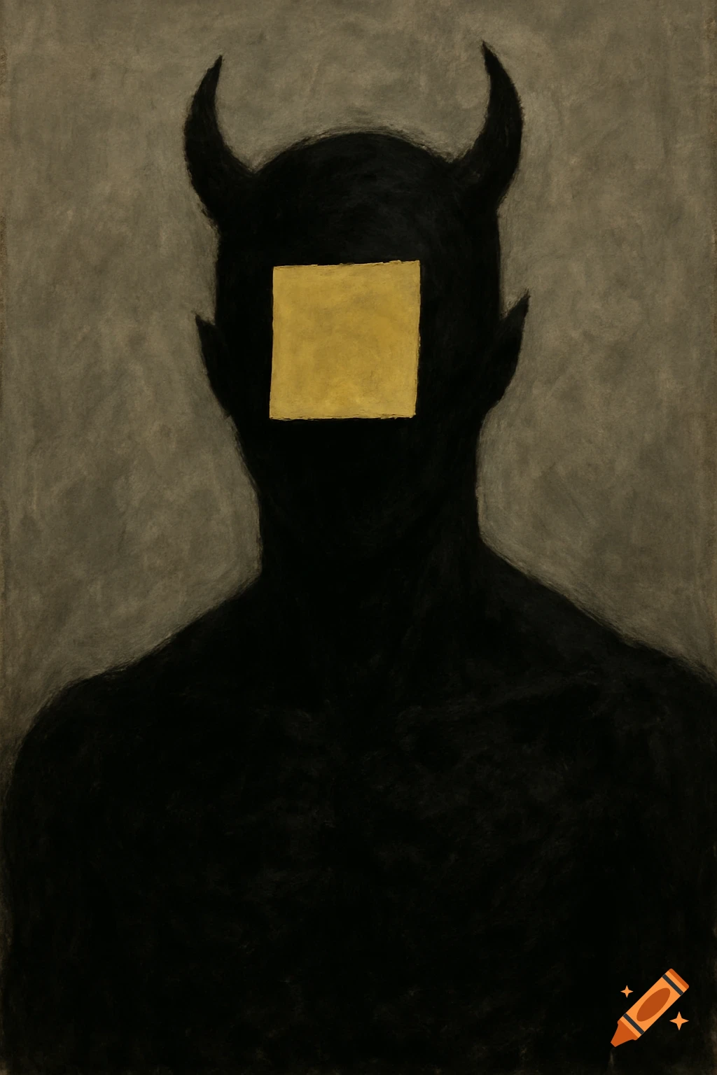 A dark figure with horns and a golden square covering its face, in a ...