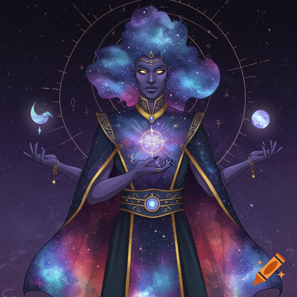 Fantasy art of a cosmic figure with galaxy hair and robes, holding a ...