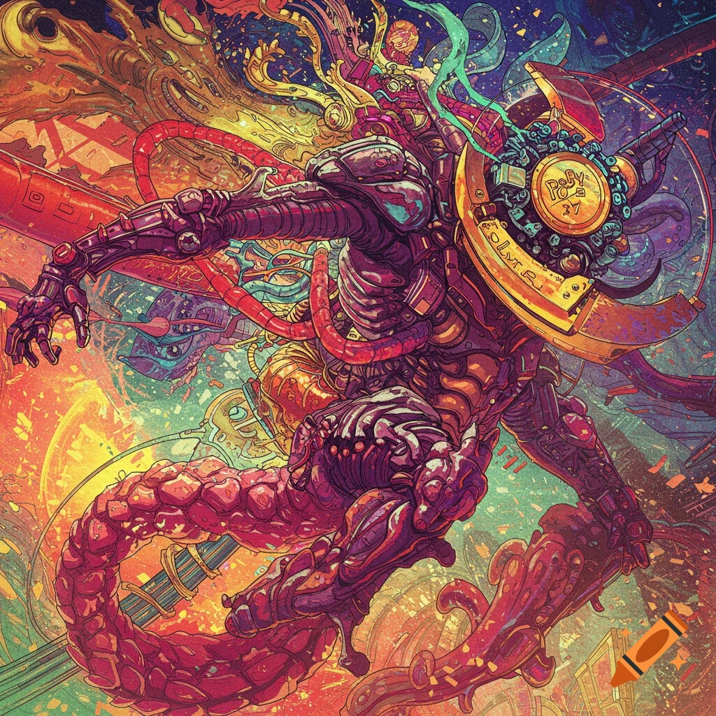 Dynamic illustration of a complex cyborg or creature with golden armor ...