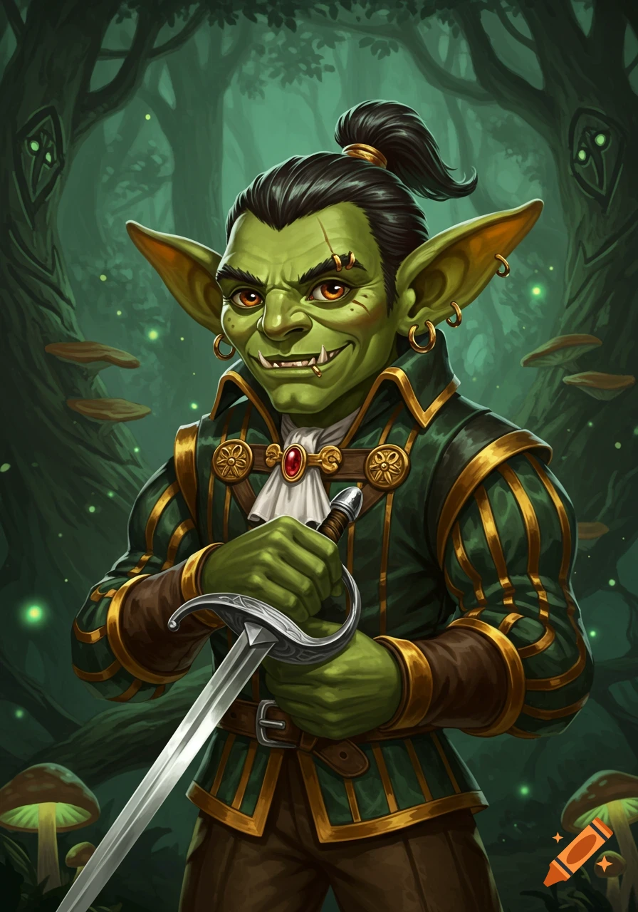 A noble goblin character holds a rapier in a dark forest. on Craiyon