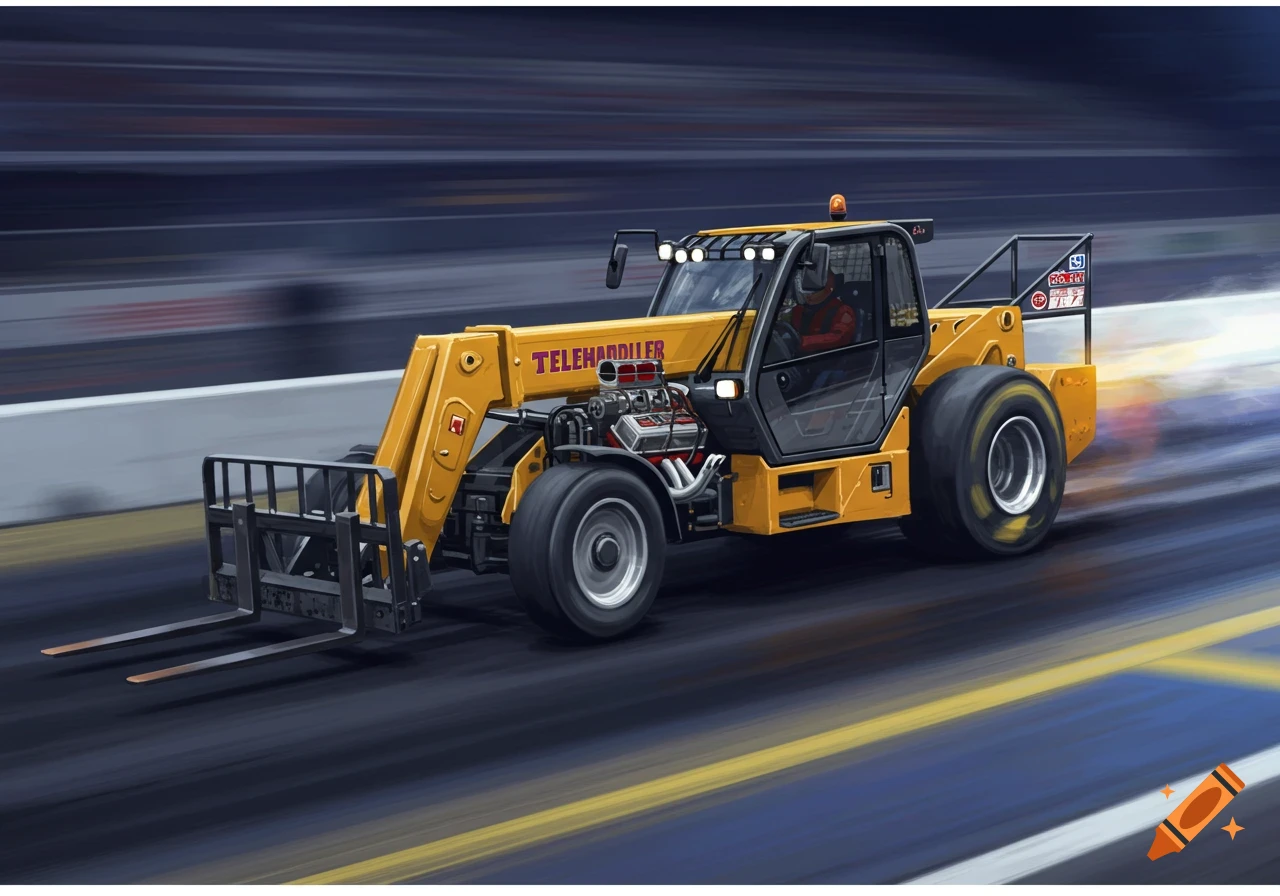 An illustration of a modified yellow telehandler dragster speeding down ...
