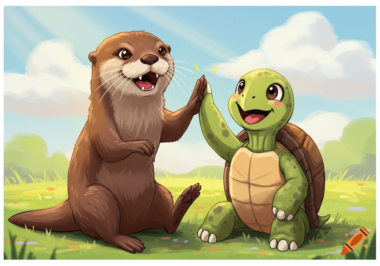 Cartoon otter and turtle high fiving in a field on Craiyon