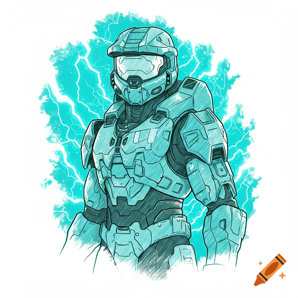 Illustration of Halo character in cyan armor with lightning background ...