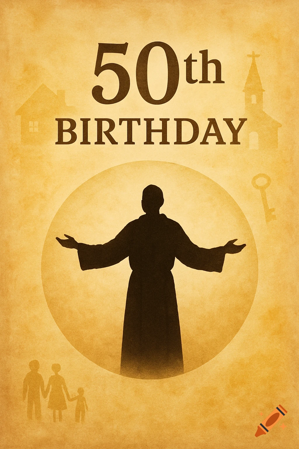 50th BIRTHDAY poster with silhouette figure, church, house, key, and ...