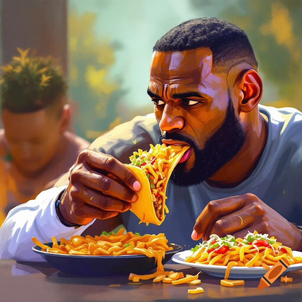 A person resembling LeBron James eats a taco and fries. on Craiyon