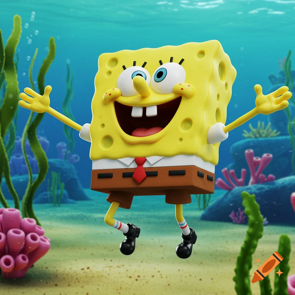 3D render of Spongebob smiling and posing underwater. on Craiyon