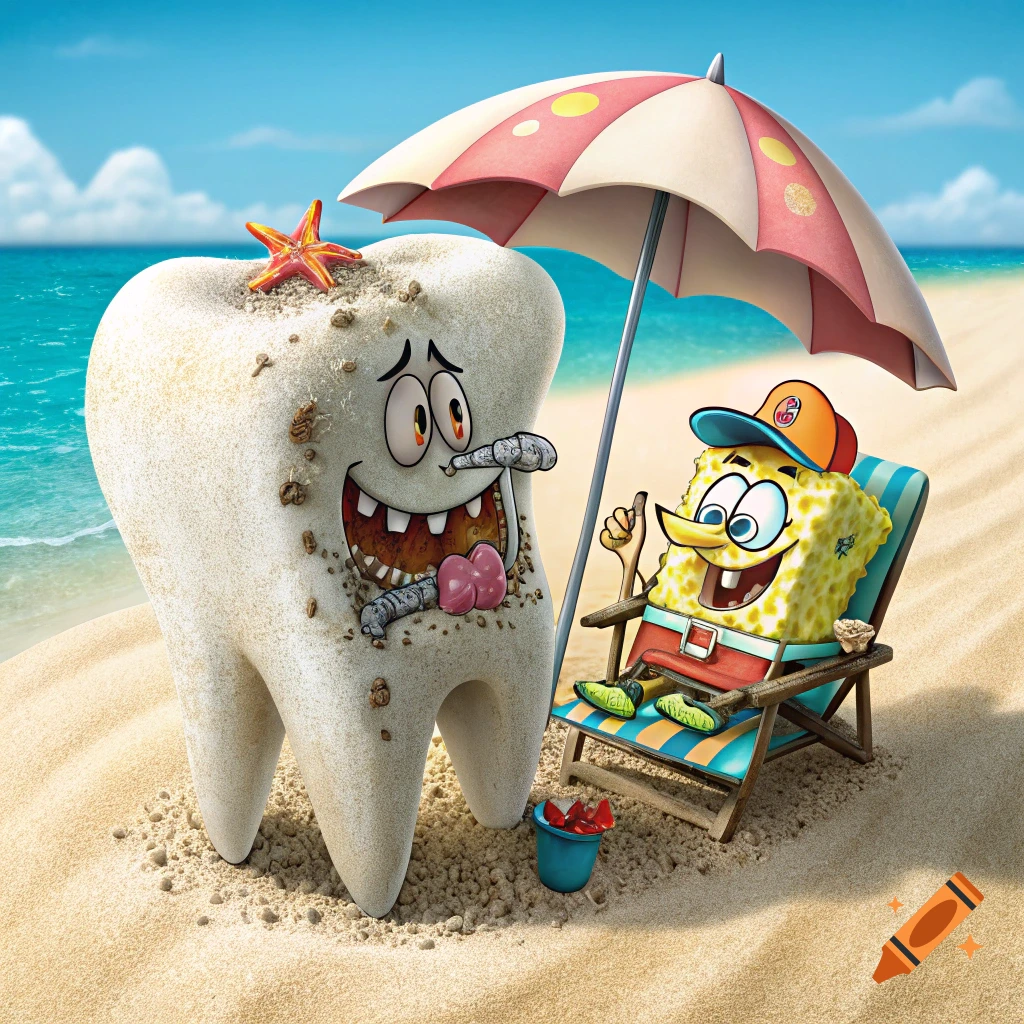 Cartoon tooth character and Spongebob on a beach under an umbrella. on ...