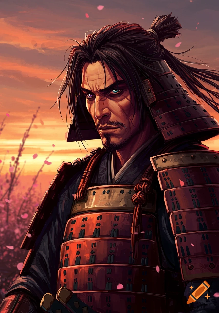 Illustration of a samurai with mismatched eyes against a sunset with ...