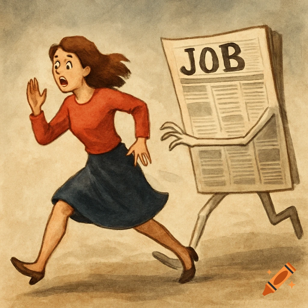 Illustration of a woman running away from a newspaper labeled 'JOB ...