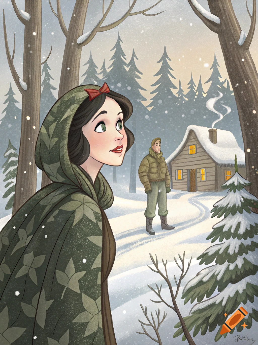 Illustration of Snow White in camouflage and a man standing in a snowy ...