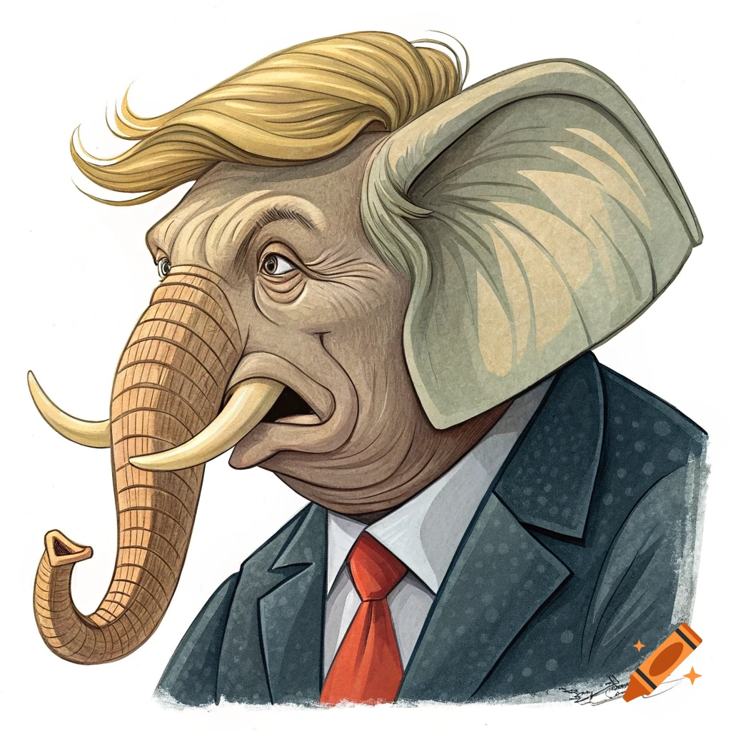 Caricature illustration of an elephant with blonde hair and a suit ...