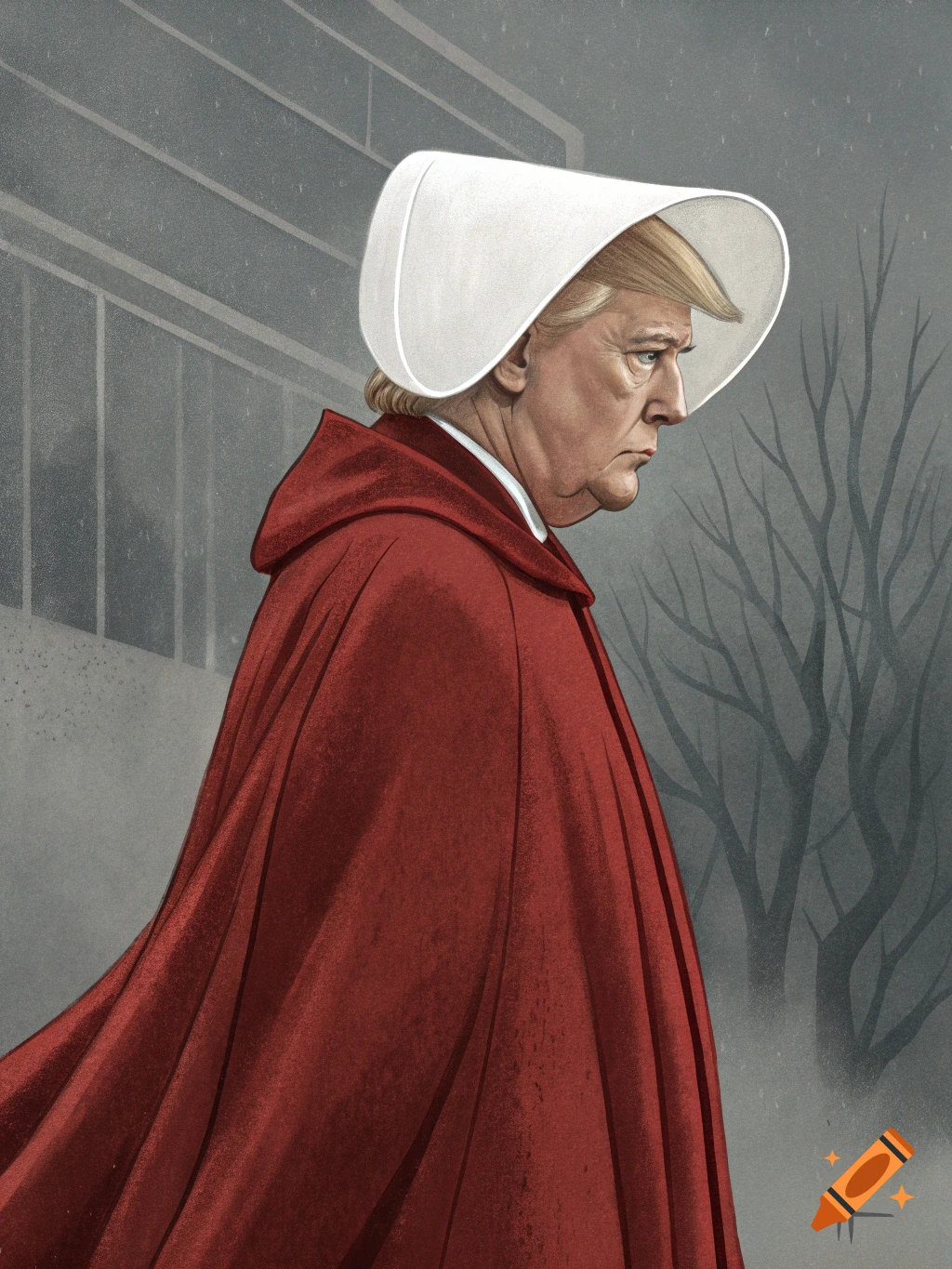 Illustration of Donald Trump wearing a red Handmaid robe and white ...