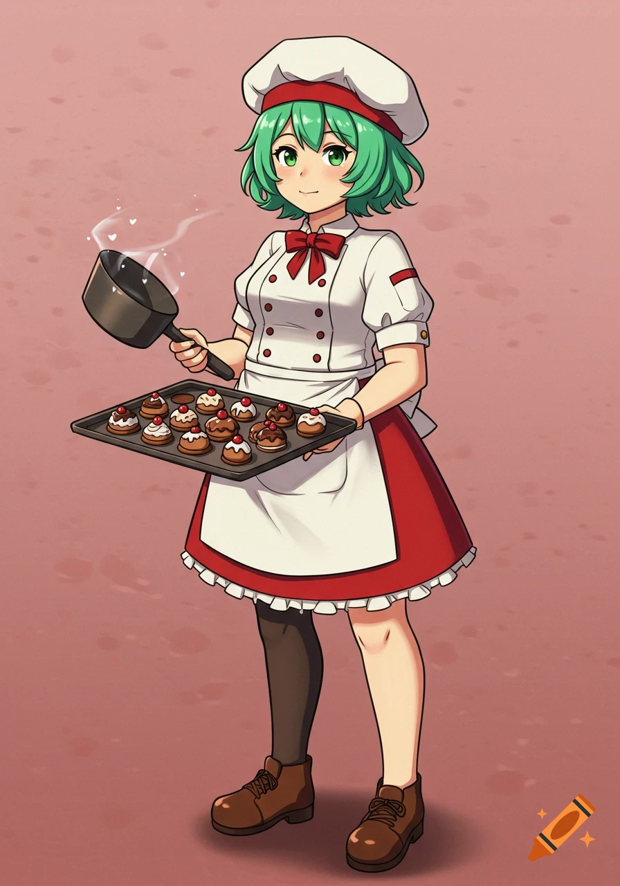 Anime girl baker holding a pan of cupcakes on Craiyon