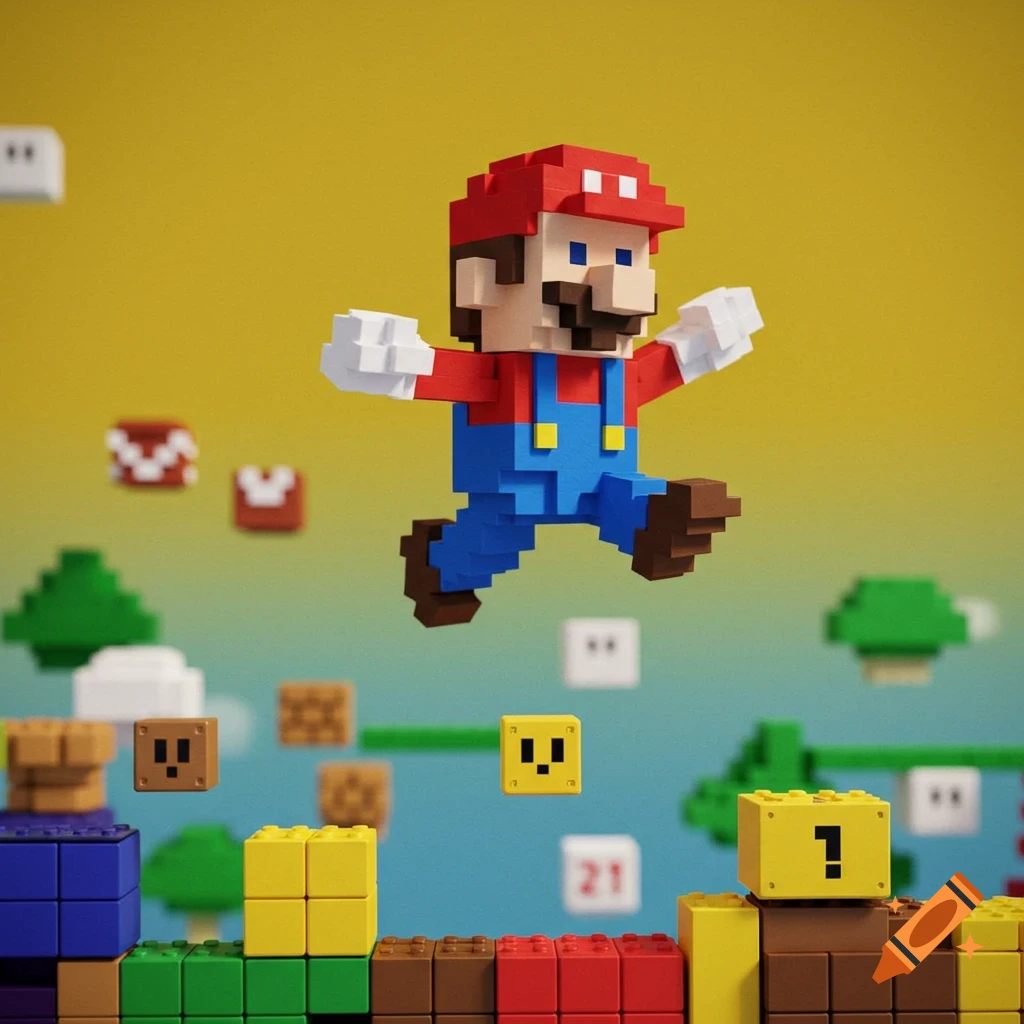 Blocky figure resembling Mario jumps over question mark blocks in a ...